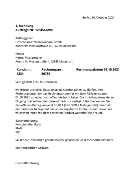 Musterschreiben Mahnung - Anwaltskanzlei Heckmann - Privatinsolvenzanwalt